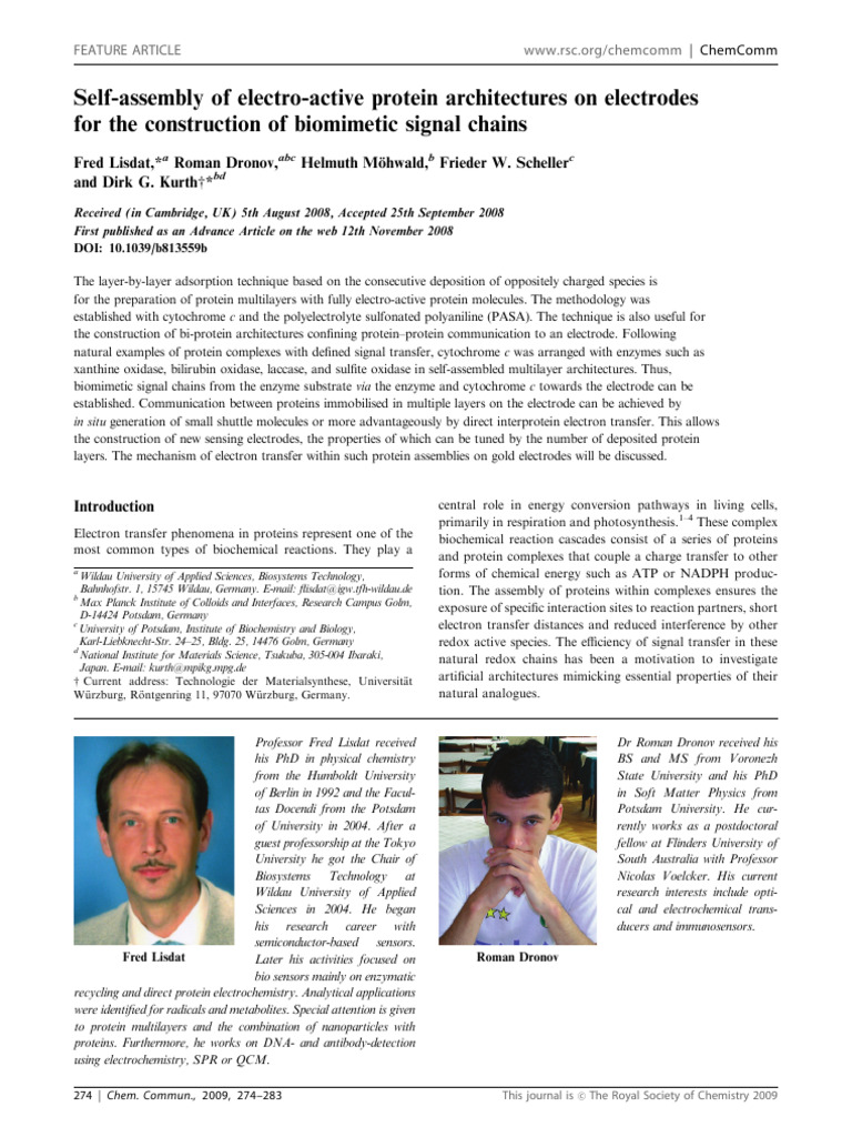 2008 - Self-Assembly of Electro-Active Protein Architectures On Electrodes | PDF