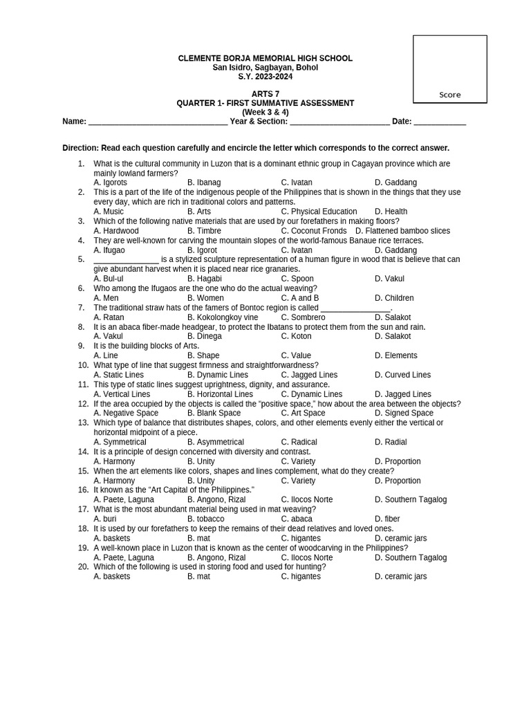 ARTS 7-Q1 Summative Assessment | PDF
