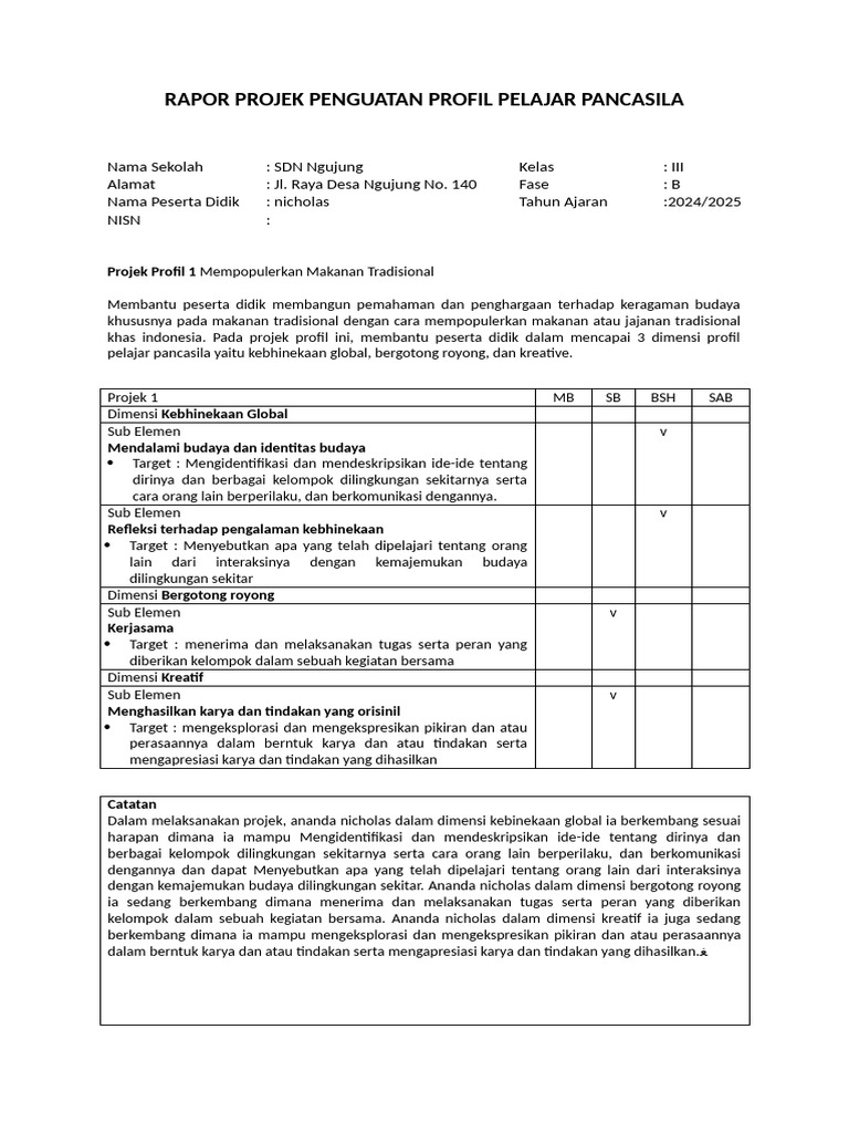 Rapor Projek Penguatan Profil Pelajar Pancasila | PDF