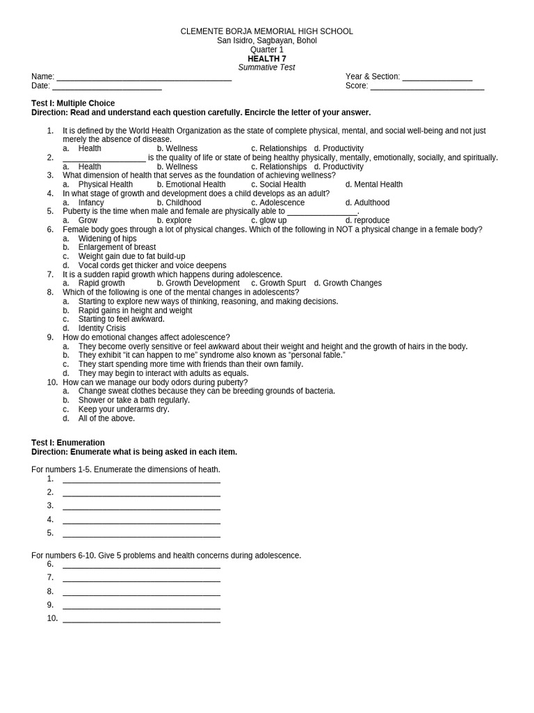 Heath Q1 Summative Test | PDF