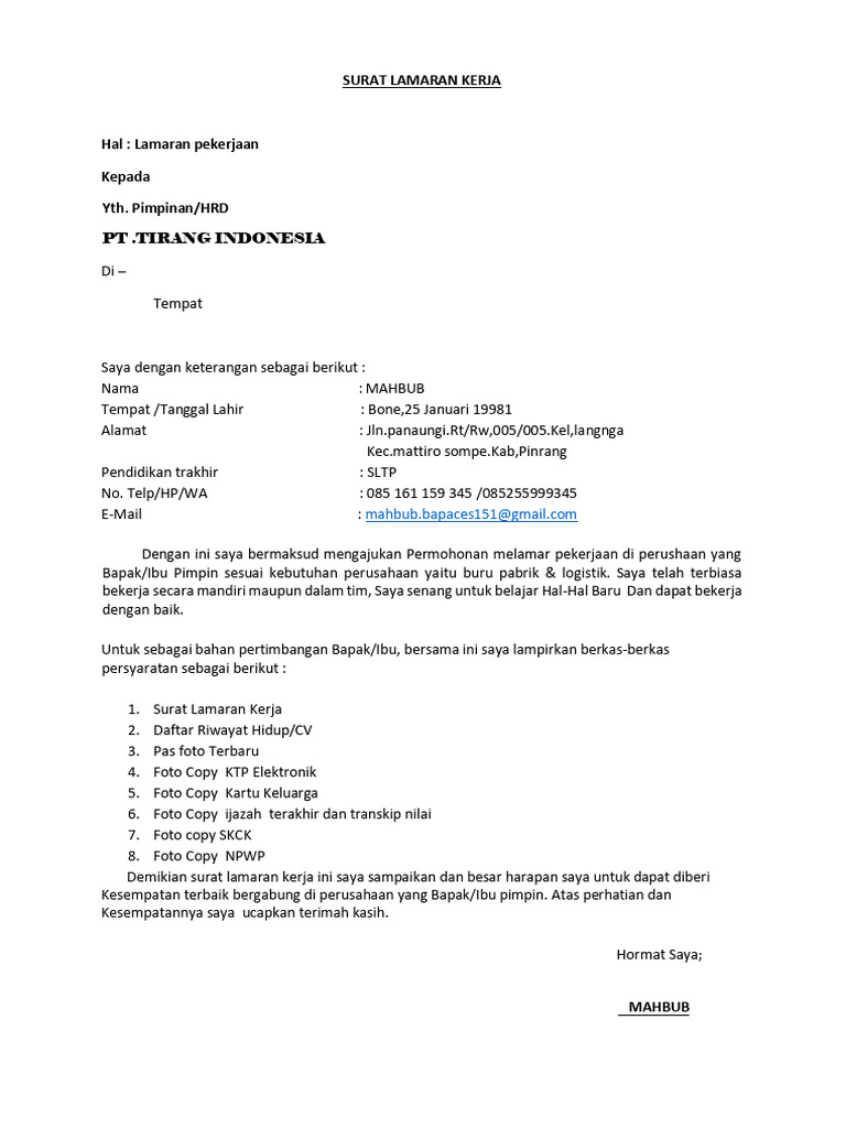Surat Lamaran Kerja Mahbub PT - Tirang Indonesia | PDF
