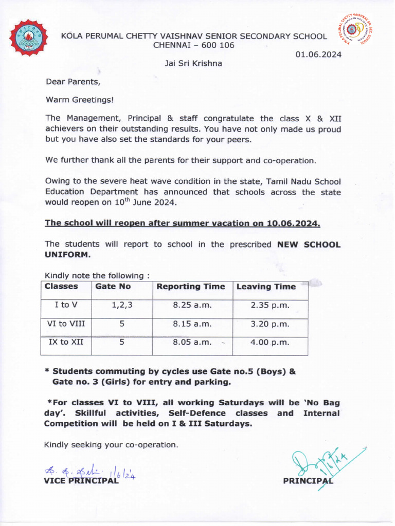 Reopening Day Circular 20242025 | PDF