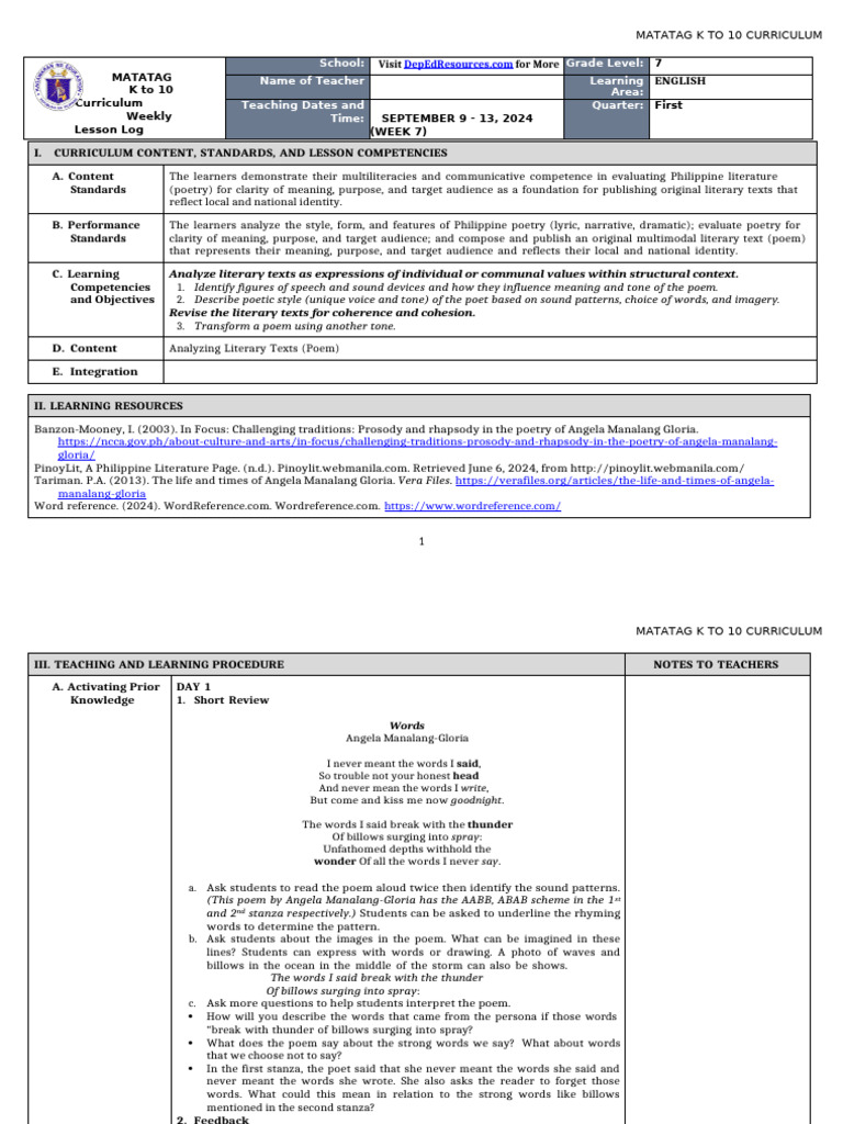 DLL Matatag - English 7 q1 w7 | PDF