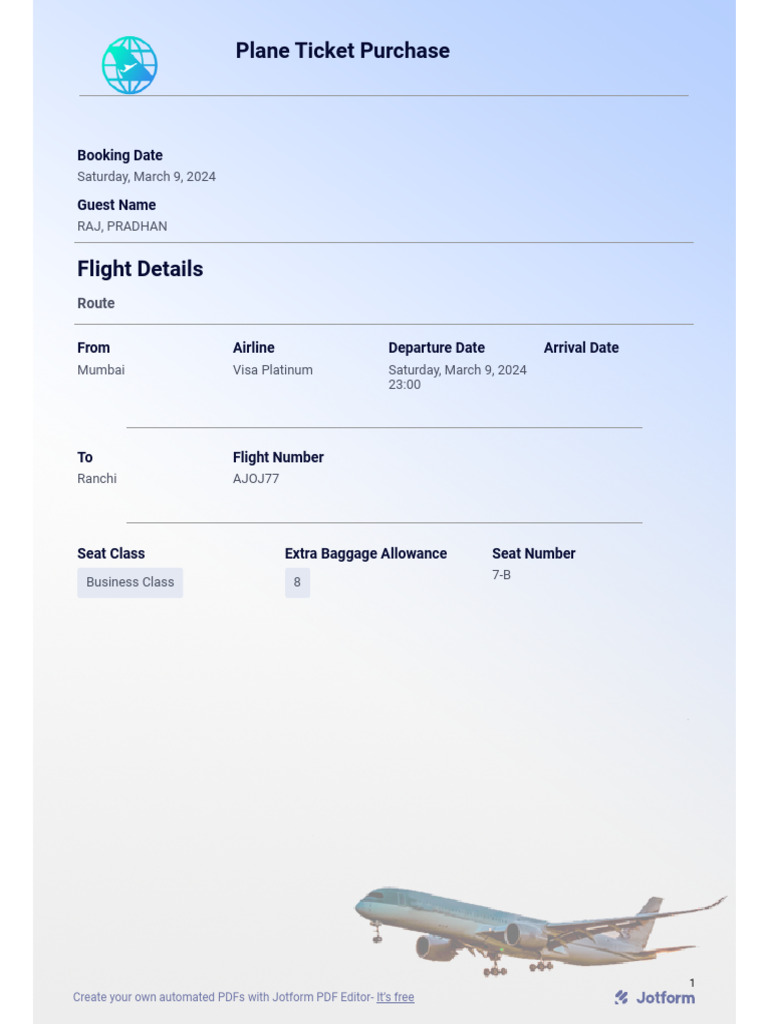 Plane Ticket Template - Jotform PDF Editor | PDF