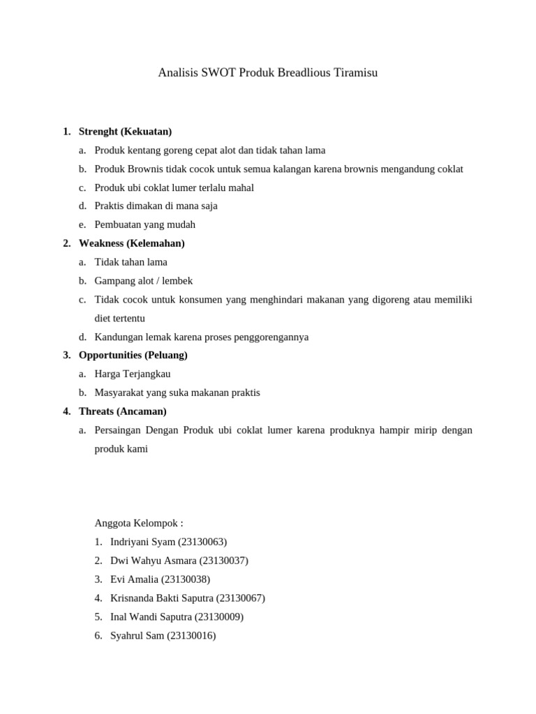 Analisis SWOT Produk Breadlious Tiramisu | PDF