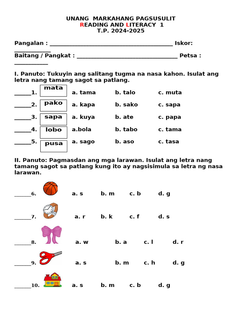 Grade 1 First Periodical Test 2024 | PDF