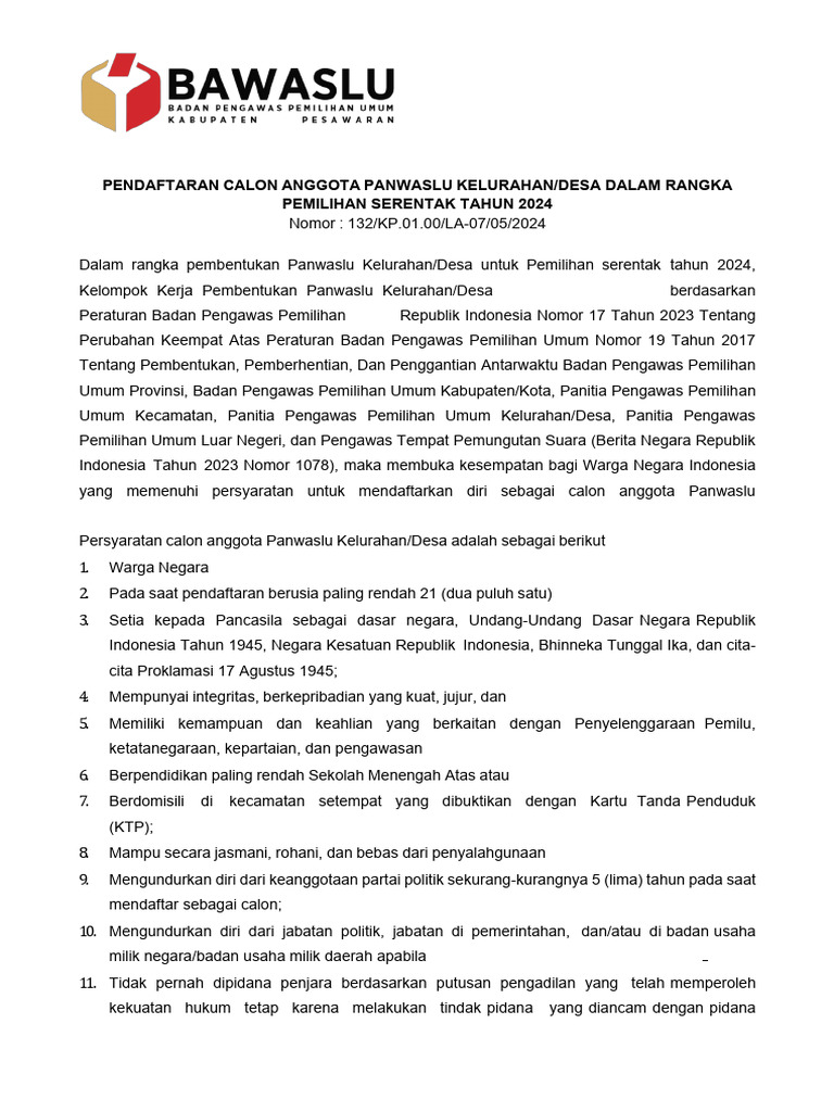 Pengumuman Pendaftaran PKD Untuk Pemilihan Serentak Tahun 2024 | PDF