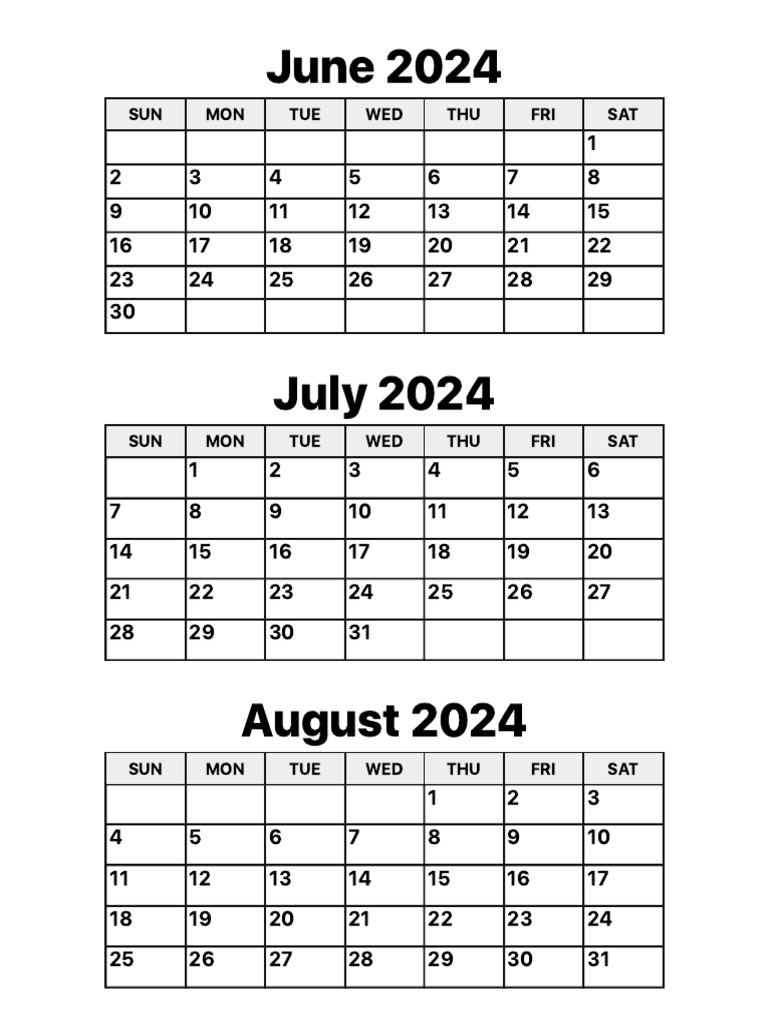 June July August 2024 Calendar | PDF