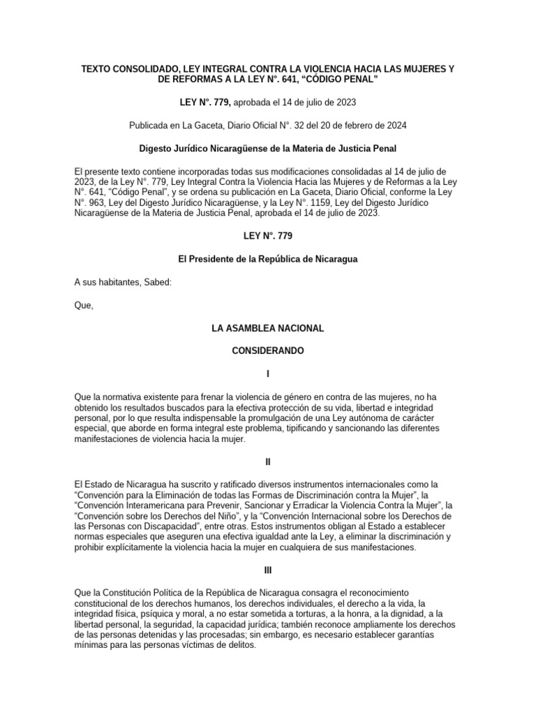 Texto Consolidado, Ley Integral Contra La Violencia Hacia Las Mujeres y ...