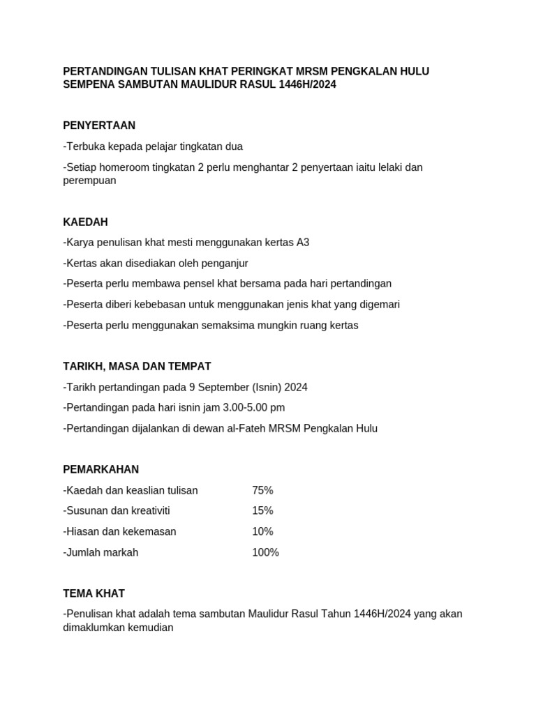Pertandingan Tulisan Khat Peringkat MRSM Pengkalan Hulu Sempena Sambutan Maulidur Rasul 1446H | PDF