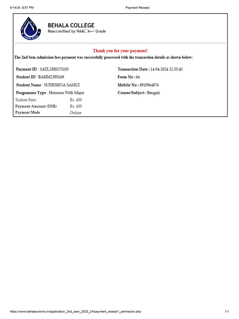 2nd Sem. Payment Receipt | PDF
