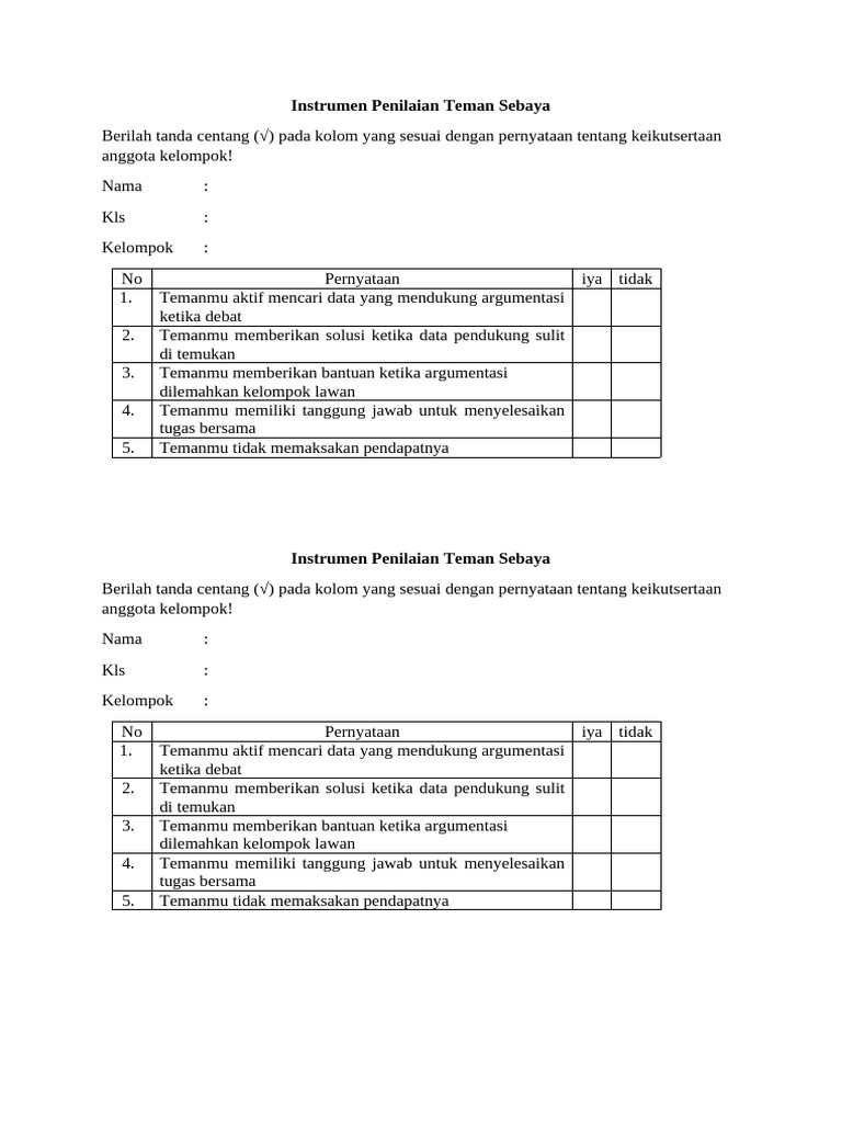 Instrumen Penilaian Teman Sebaya | PDF