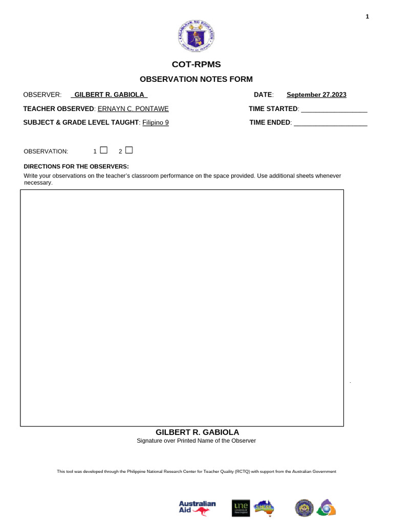 Appendix 3E COT RPMS Observation EDITED | PDF