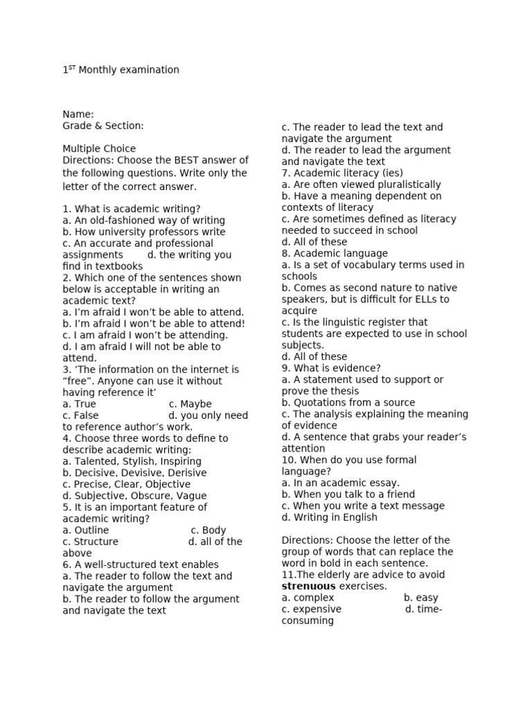 Multiple Choice Acad 11 | PDF