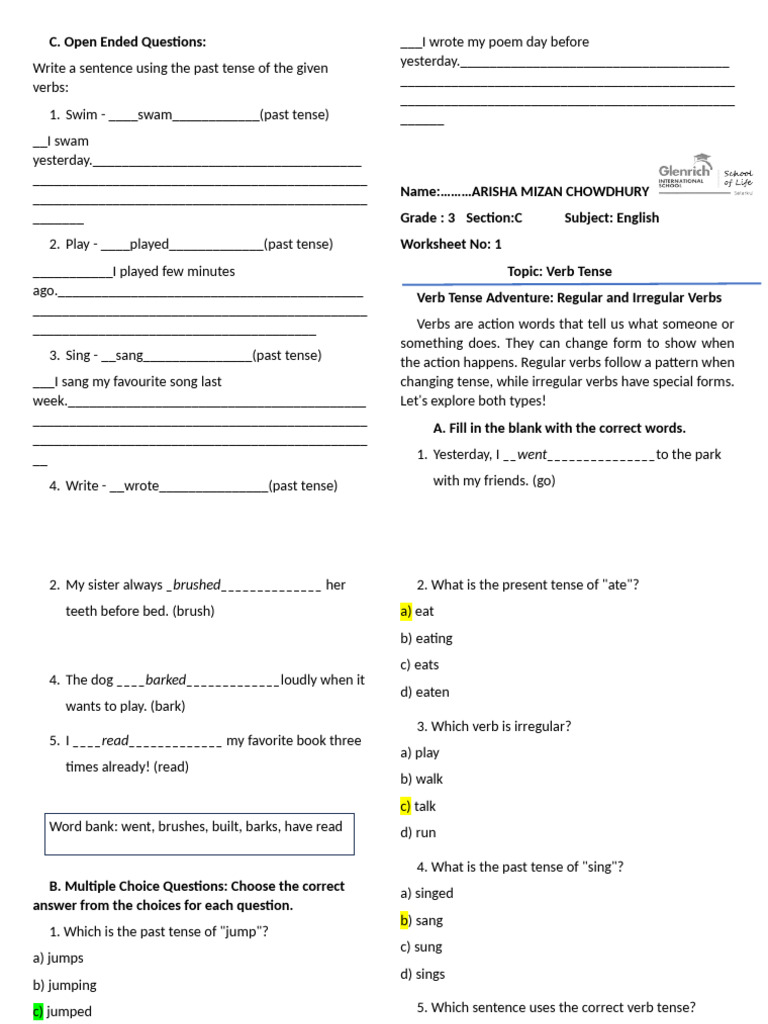 Verb Tense Worksheet for Grade 3 | PDF | Grammatical Tense | Verb