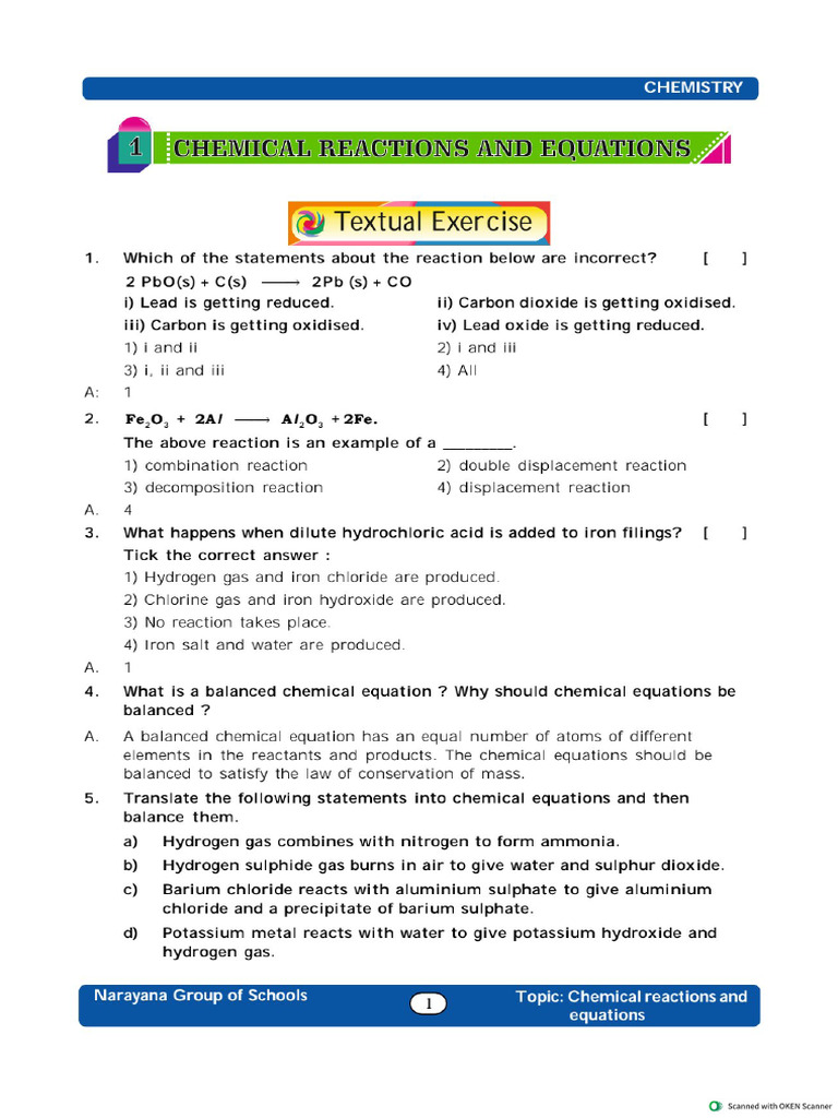 Chemistry - Chemical Reactions and Equations - (2024-2025) | PDF