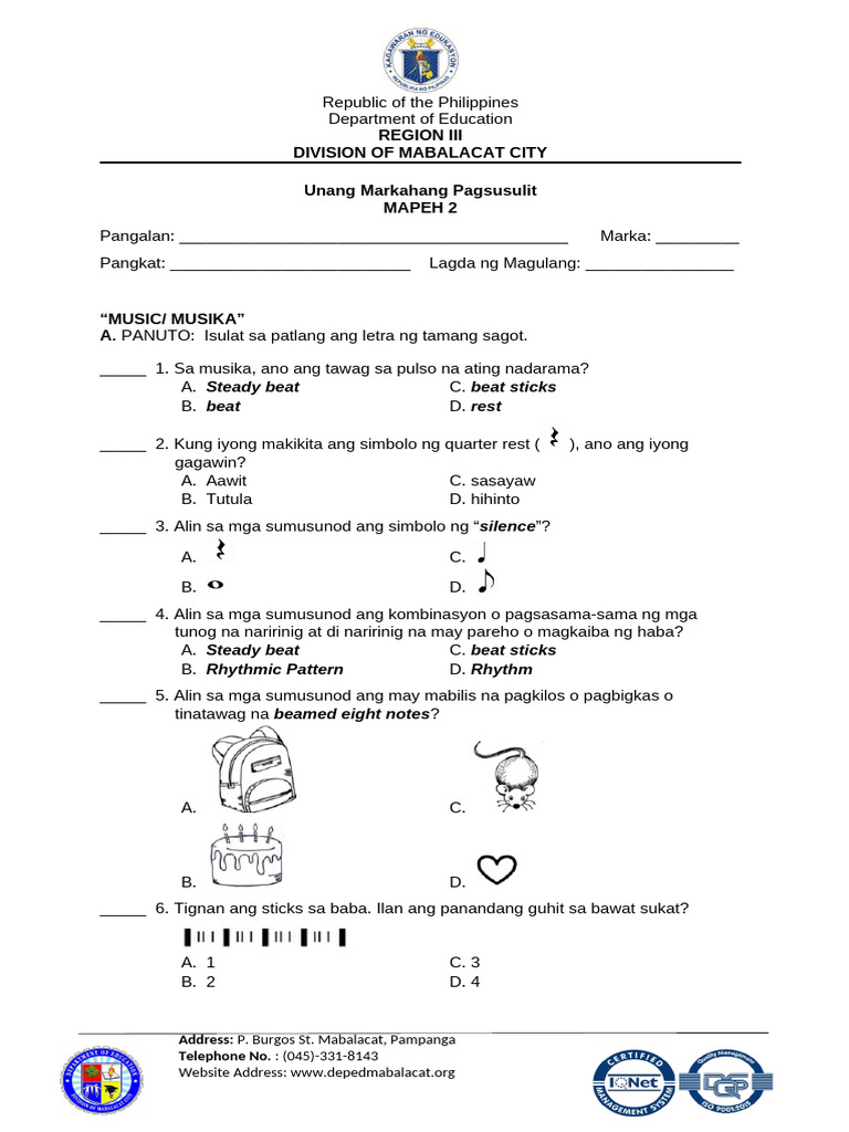 Grade 2 MAPEH Periodical Test Guide | PDF | Multiple Choice