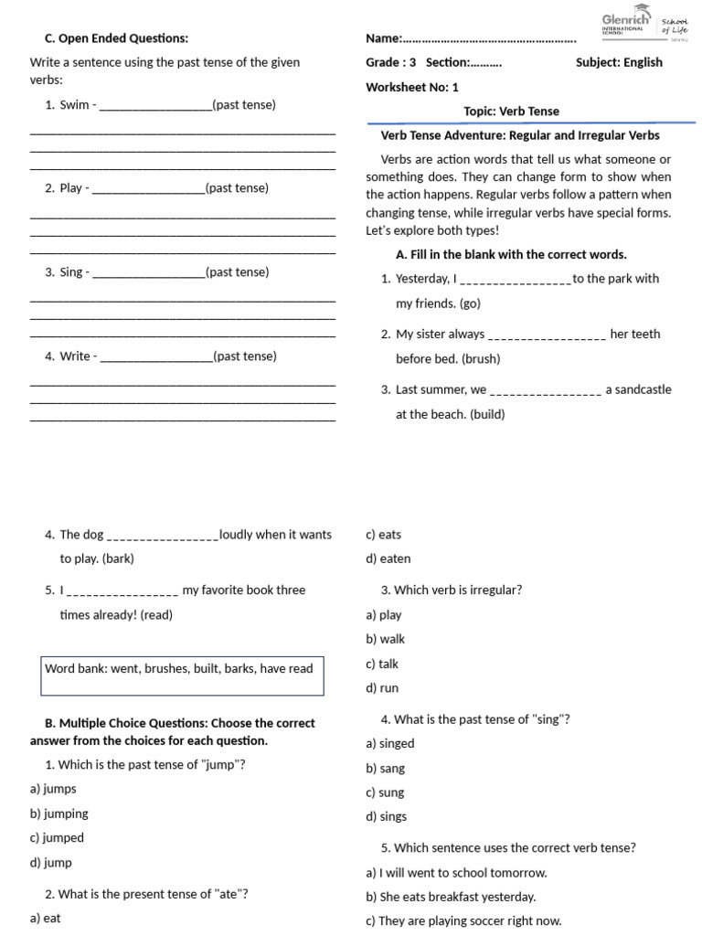 G3 - English - Worksheet 1 | PDF | Grammatical Tense | Language Arts ...