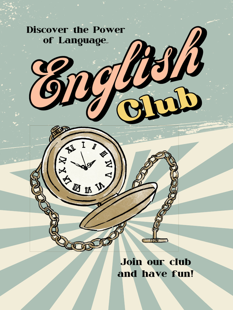 English Club Educational Poster in Blue Yellow Vintage Style | PDF