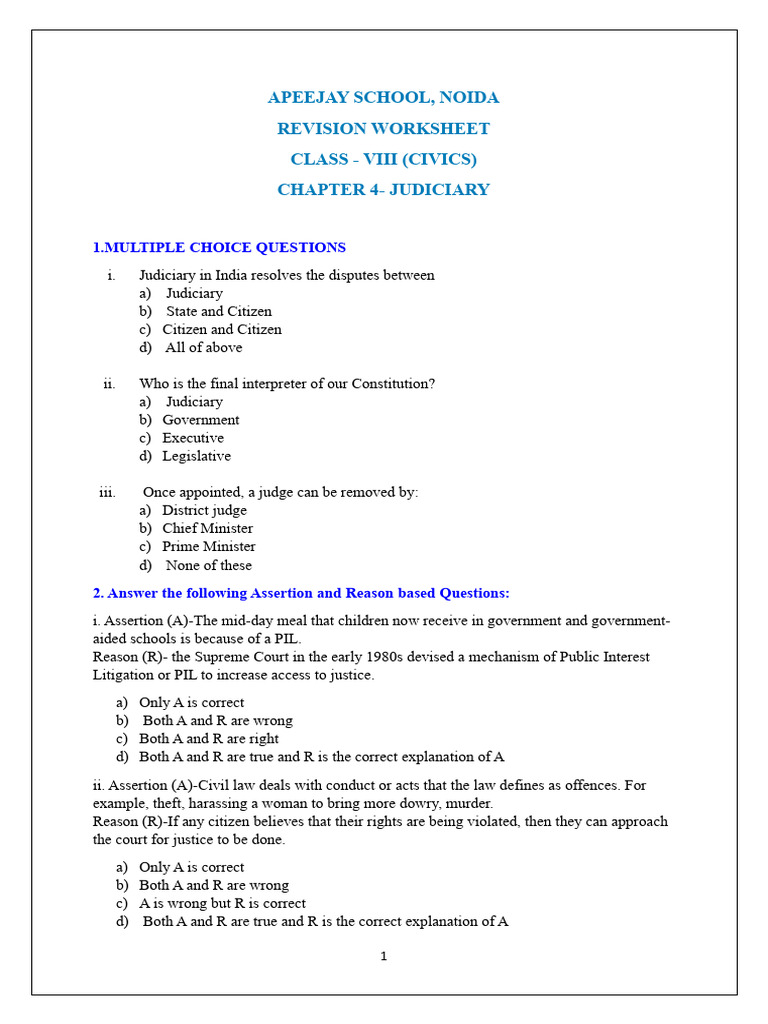 Class 8 Judiciary Revision Worksheet | PDF | Judiciaries | Judicial Review