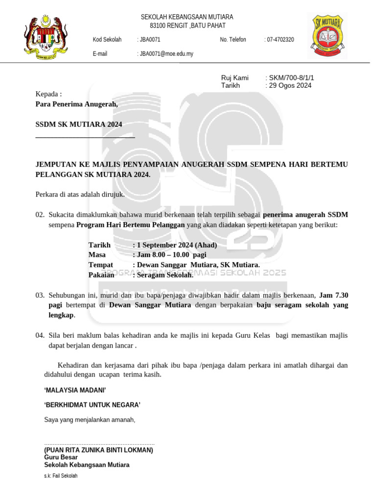 Ralat Surat-Jemputan Majlis Penyampaian Anugerah SSDM SK Mutiara 2024 | PDF