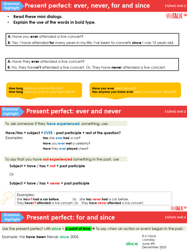E3-Int1 U2 - Present Perfect-Ever - Never - For - Since - GrammarHighlight | PDF