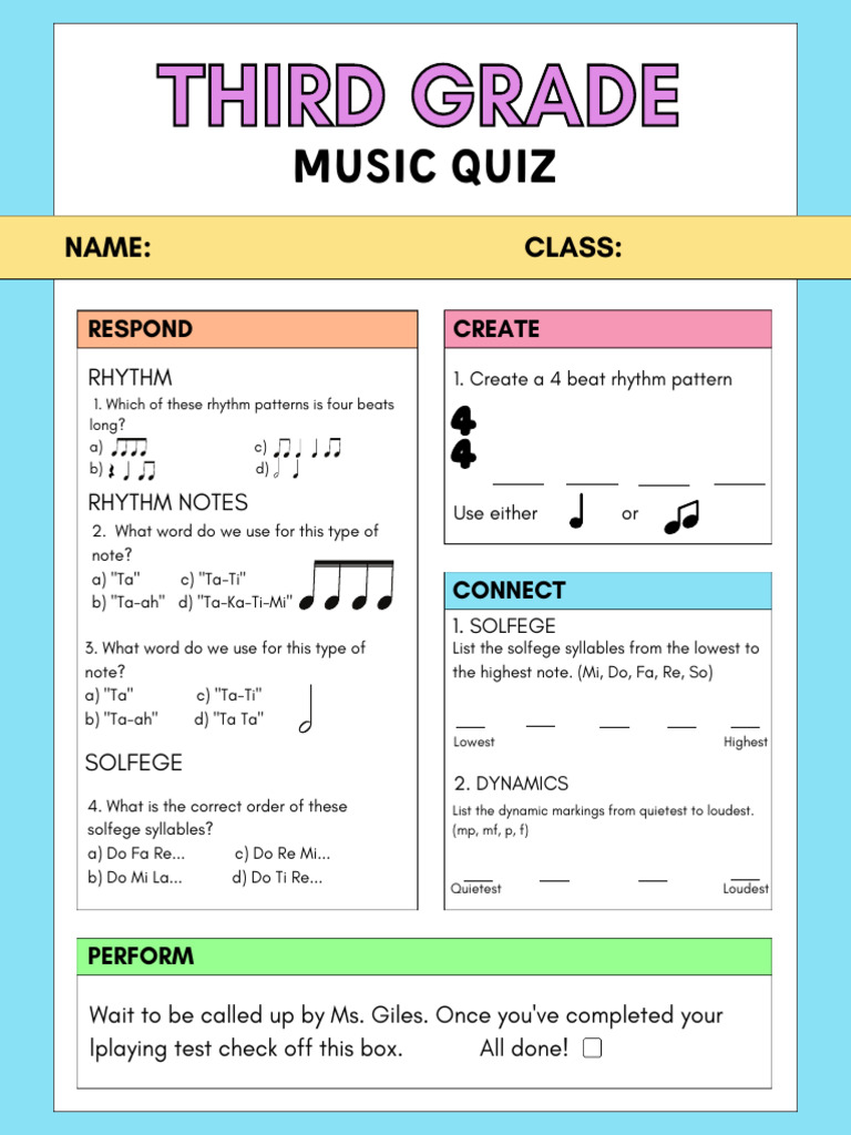 3rd Grade General Music Quiz | PDF