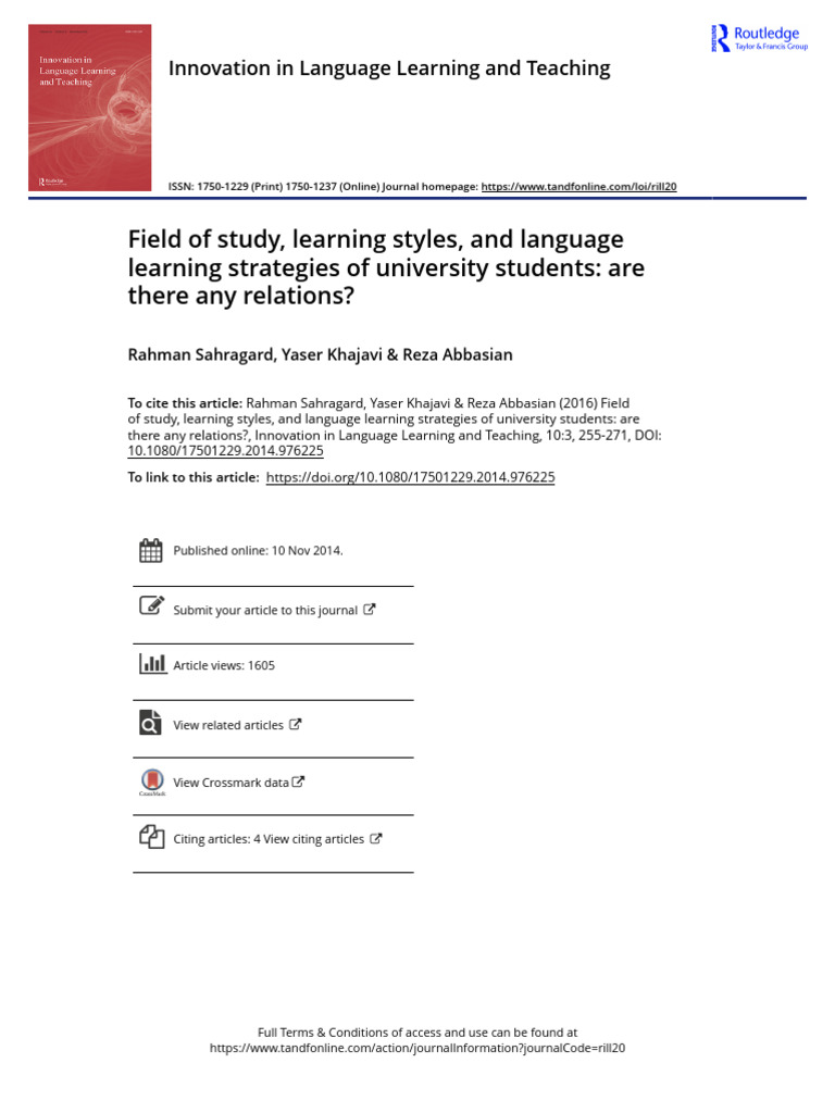 Field of Study Learning Styles and Language Learning Strategies of ...