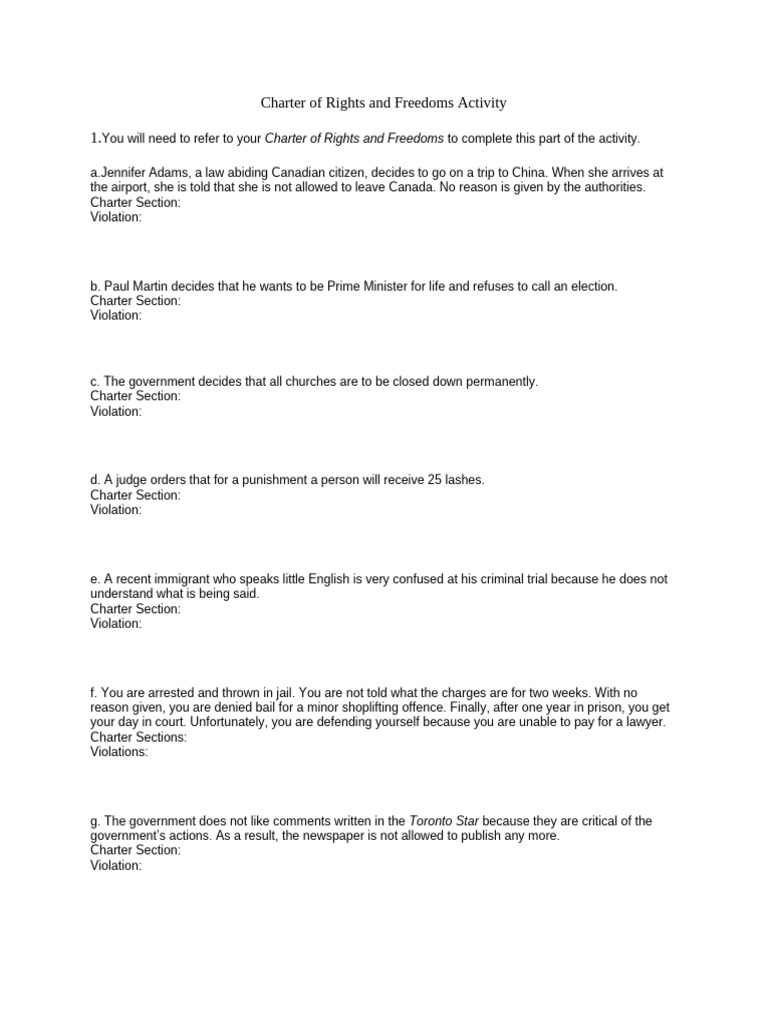 Charter of Rights and Freedoms Activity | PDF