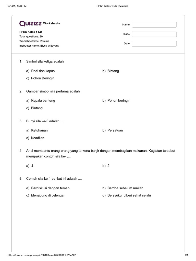 PPKN Kelas 1 SD - Quizizz | PDF