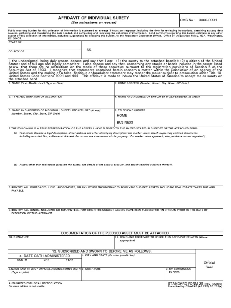 GSA-Standard Form 28 | Surety Bond | Market Value