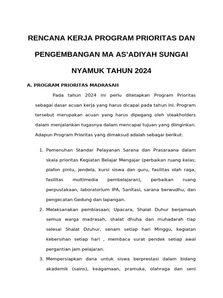 RENCANA KERJA PROGRAM PRIORITAS DAN PENGEMBANGAN MA AS | PDF