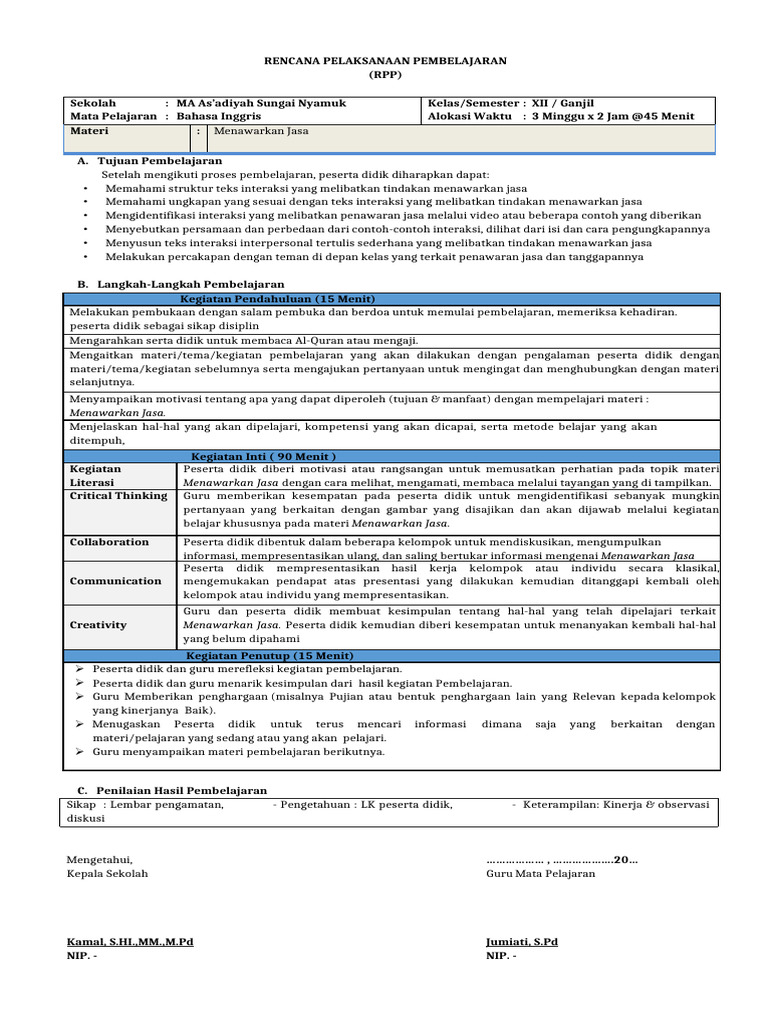 1 - RPP 1 Lembar B.ing Kelas 12 | PDF