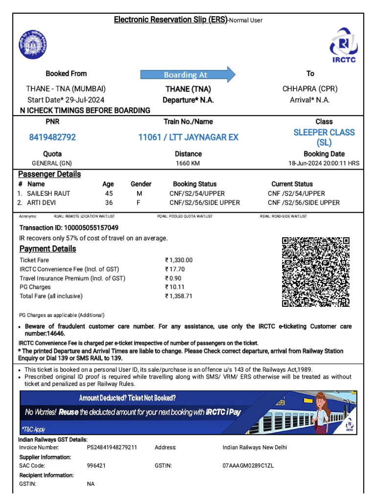 LTT Jaynagar Ex Sleeper Class (SL) : Electronic Reservation Slip (ERS ...