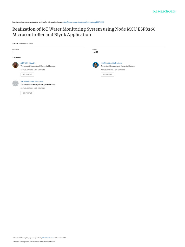 Realization of IoT Water Monitoring System Using Node MCU ESP8266 Microcontroller and Blynk ...
