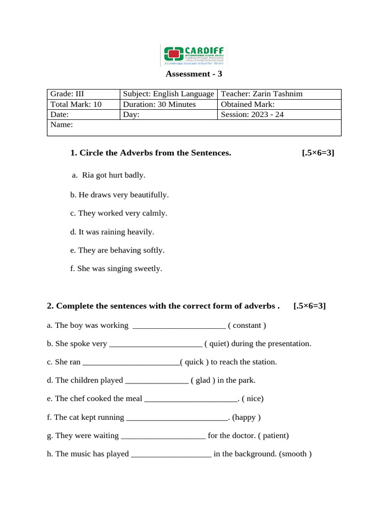 Adverb Assessment | PDF