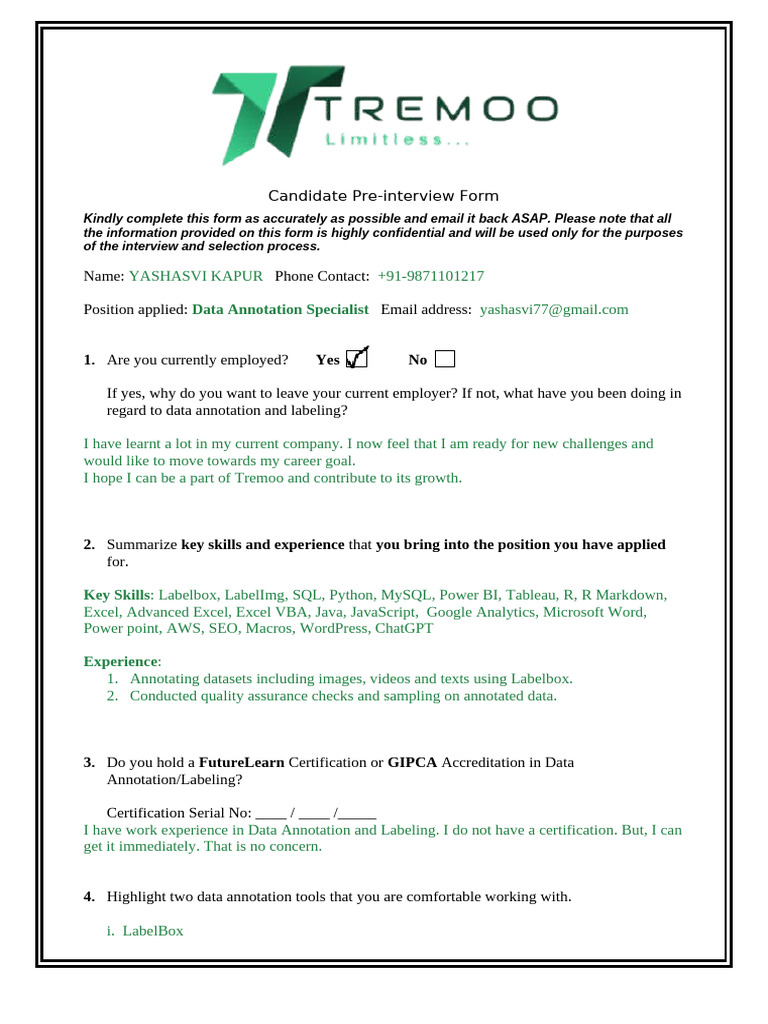 Tremoo AI - Candidate - Pre-Interview Form - 2024 | PDF | Microsoft ...