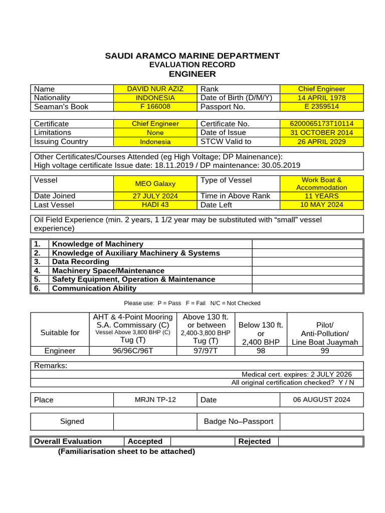 Aramco Evaluation Form - Engineers | PDF