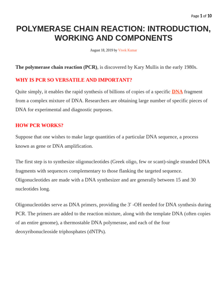 Polymerase Chain Reaction (PCR) & Reverse Transcription PCR (RT-PCR) | PDF