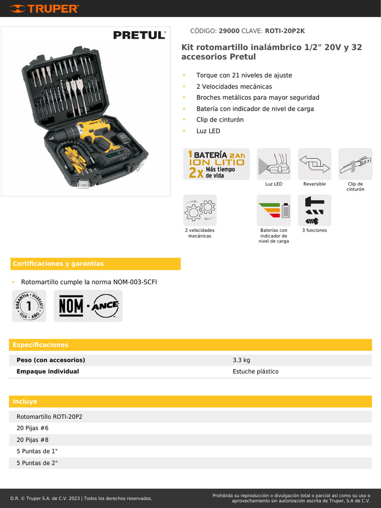 Kit Rotomartillo Inalámbrico 1/2" 20V y 32 Accesorios Pretul | PDF