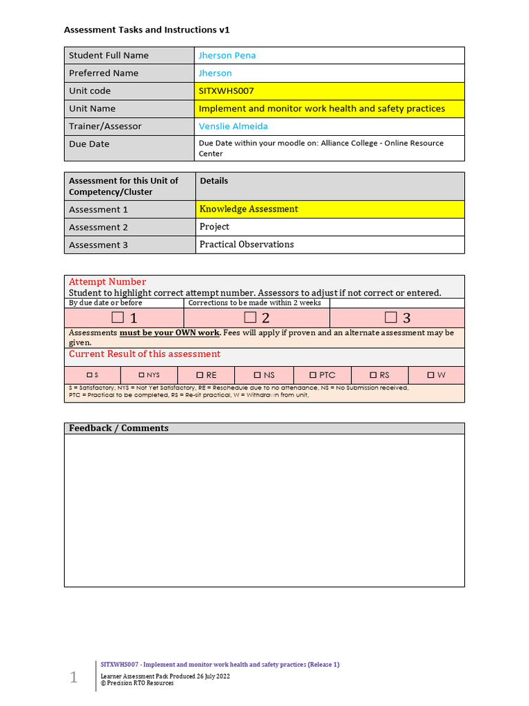 SITXWHS007 Assessment 1 Knowledge Assessment v.1 | PDF