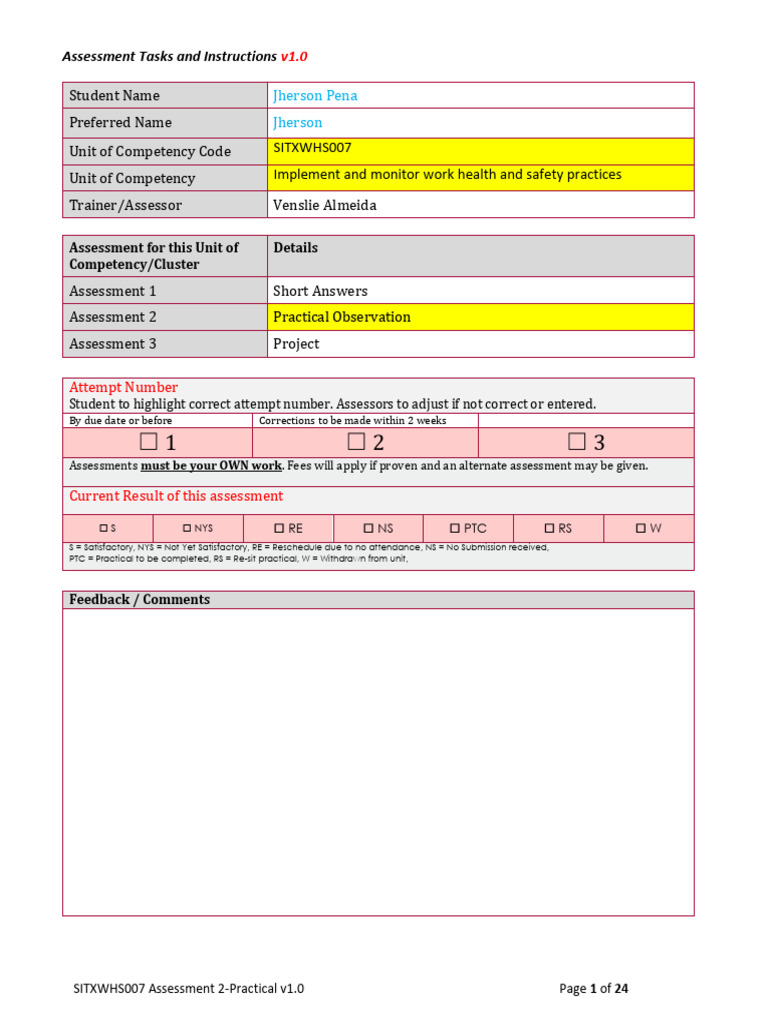SITXWHS007 Assessment 2-Practical v1.0 | PDF