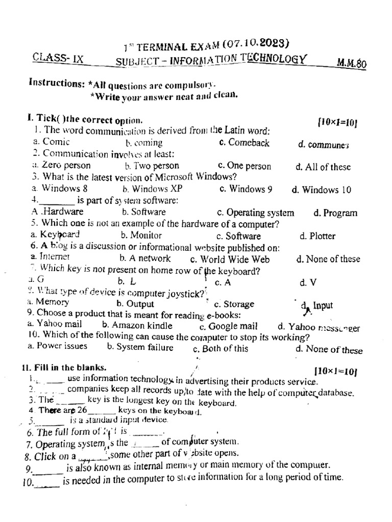 Cbse Class 9 First Term Information Technology 241123 Oct 2023 | PDF