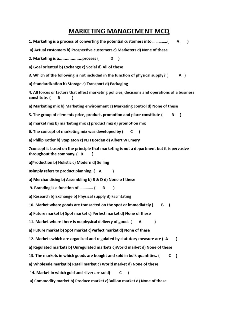 Marketing Management MCQ | PDF