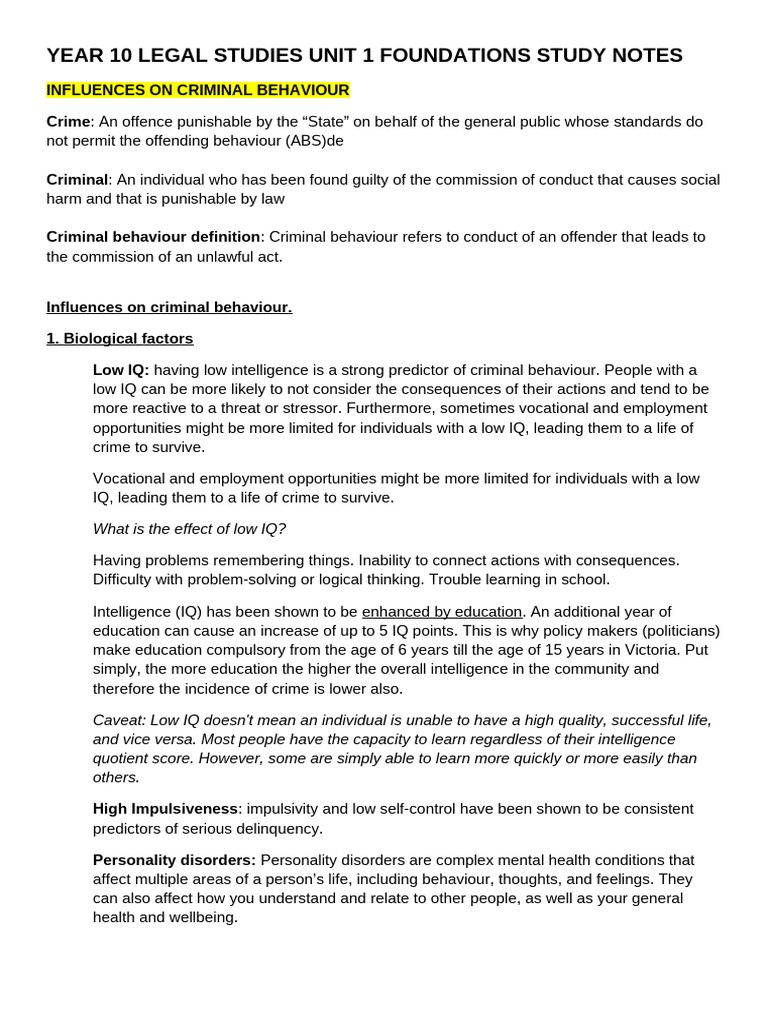 Year 10 Legal Studies Study Notes Foundations | PDF