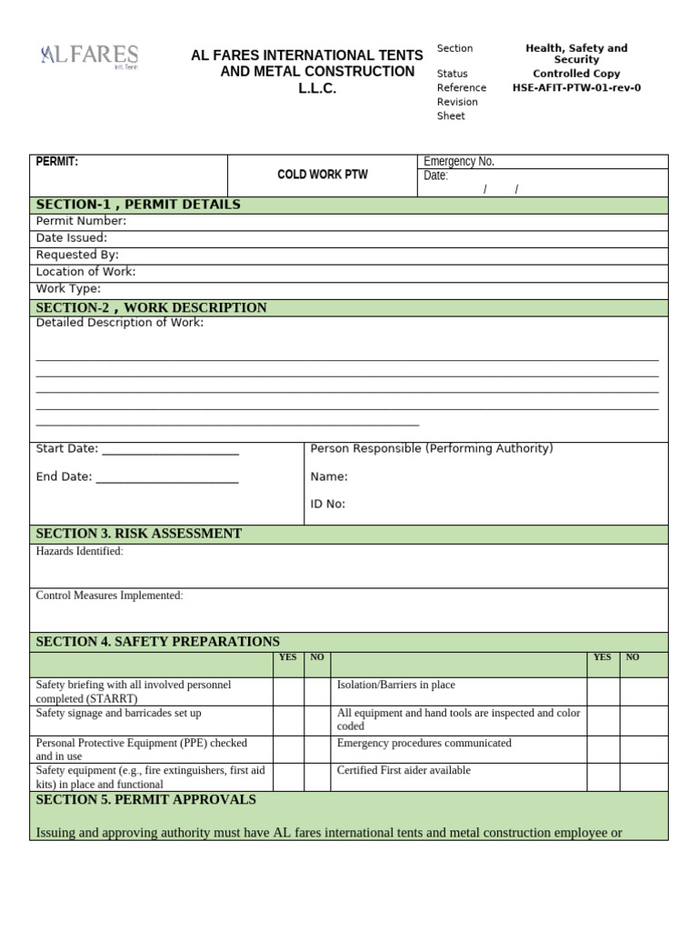 Cold Work Permit Pdf
