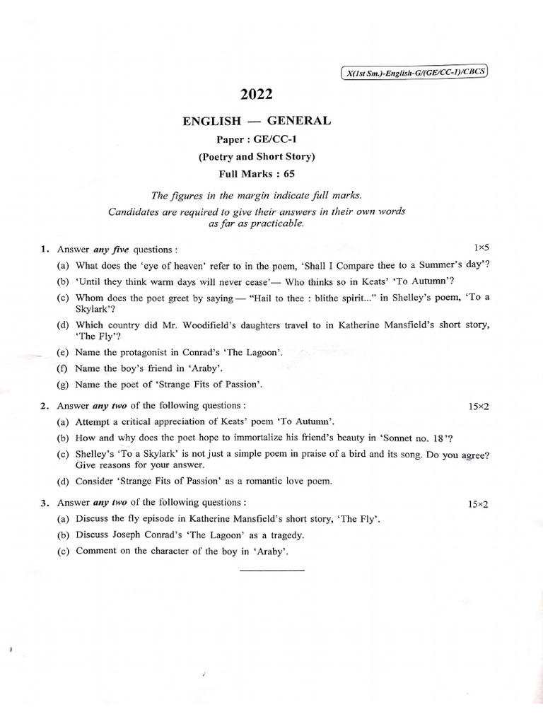 CU-2022 B.A. (General) English Semester-1 Paper-CC1-GE1 QP | PDF