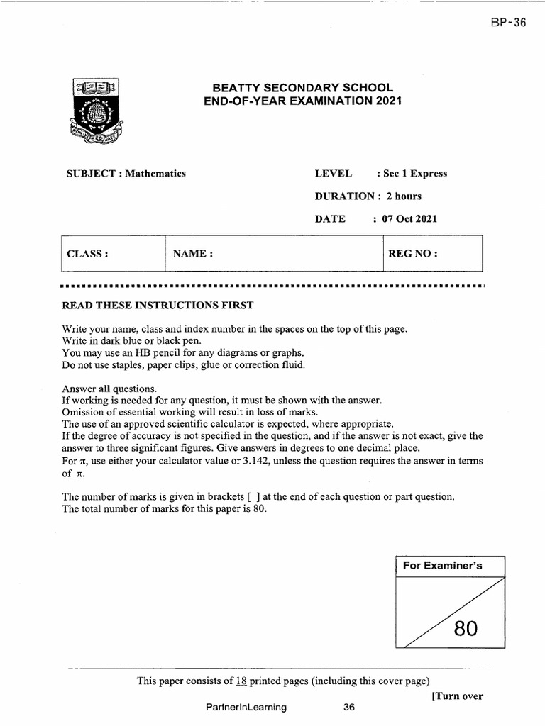 Math - Sec 1 - SA 2 - 2021 - Beatty Sec | PDF