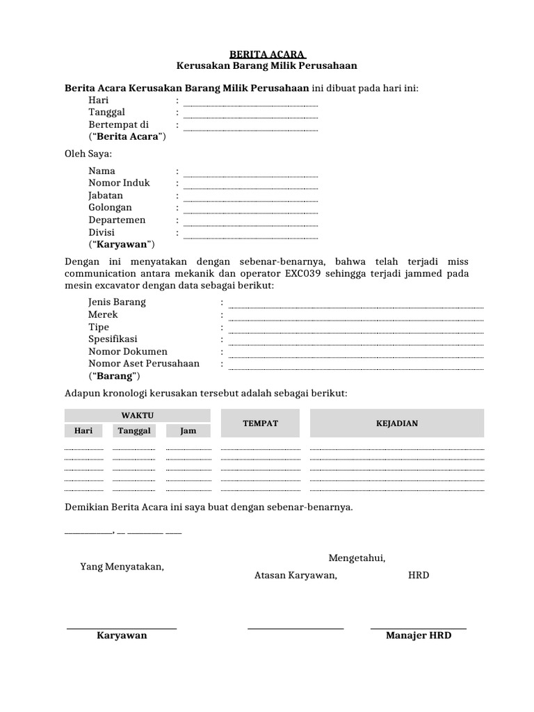 Draft Berita Acara Kerusakan Barang Milik Perusahaan | PDF