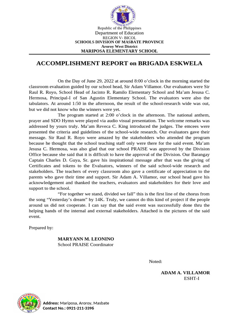 Narrative Report - Accomplishment BRIGADA ESKWELA 21 22 | PDF